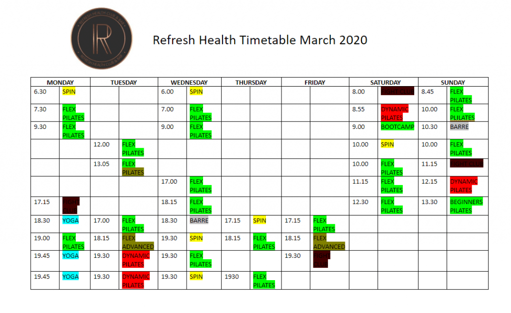 TIMETABLE | Refresh Health Club and Juice bar